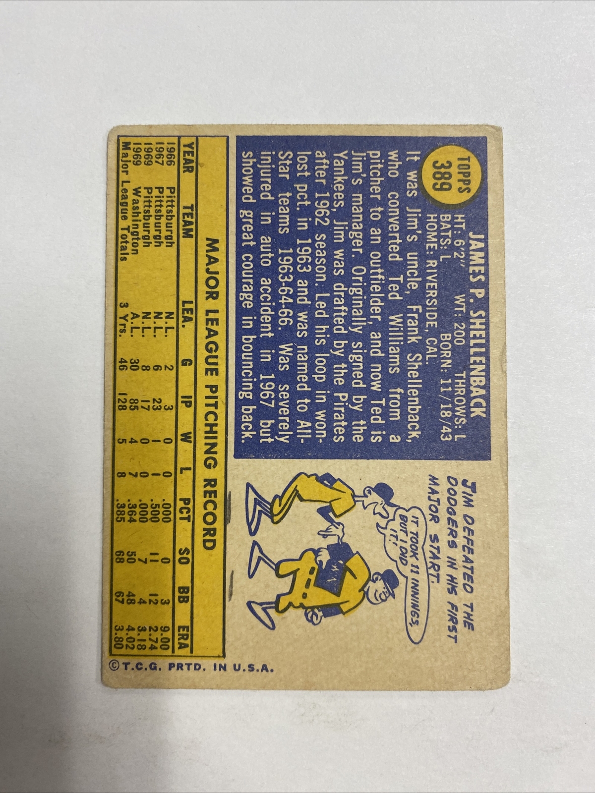 1970 Topps Baseball Jim Shellenback Washington Senators Card #389 | eBay