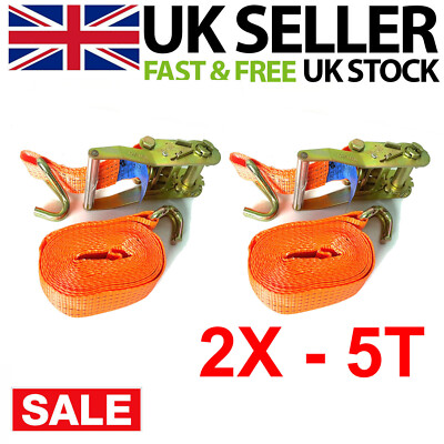 Pack Of Two 5t (5000kg) 50mm Orange Ratchet Straps With Claw Hook Heavy ...