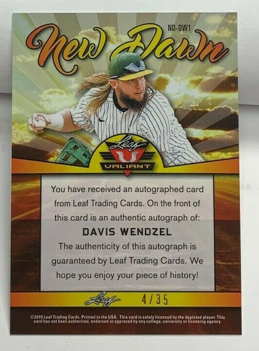 Davis Wendzel 2019 Leaf Valiant ORANGE Refractor Autograph Auto #'d 4/ ...