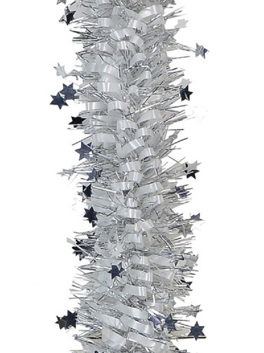 Silver Pine Needle With Stars & White Loops Christmas Tinsel Garland ...