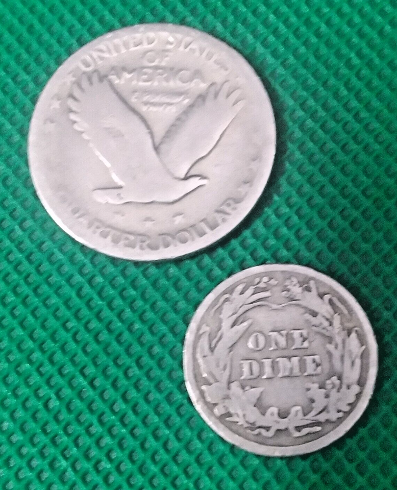 1925 Silver Standing Liberty Qtr. & 1914 Silver Barber Dime (Scrap ...