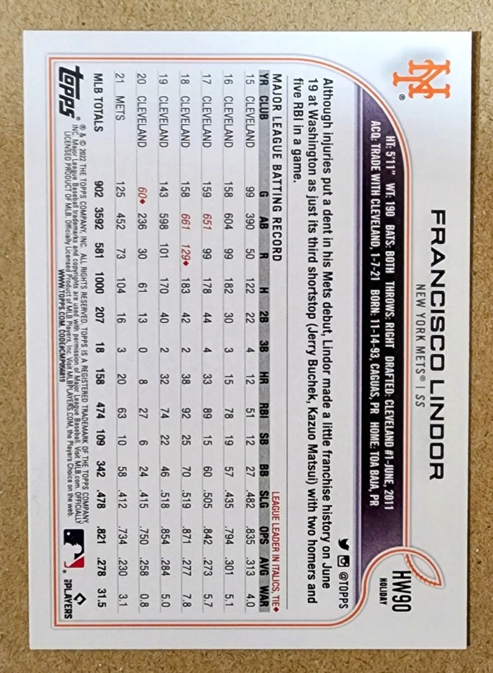 2022 Topps Holiday Francisco Lindor Candy Cane Sleeve 819 SP HW90 New ...