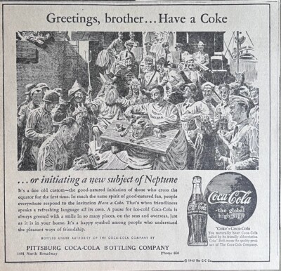 1945 newspaper ad for Coca-Cola - Greetings , crossing Equator ...