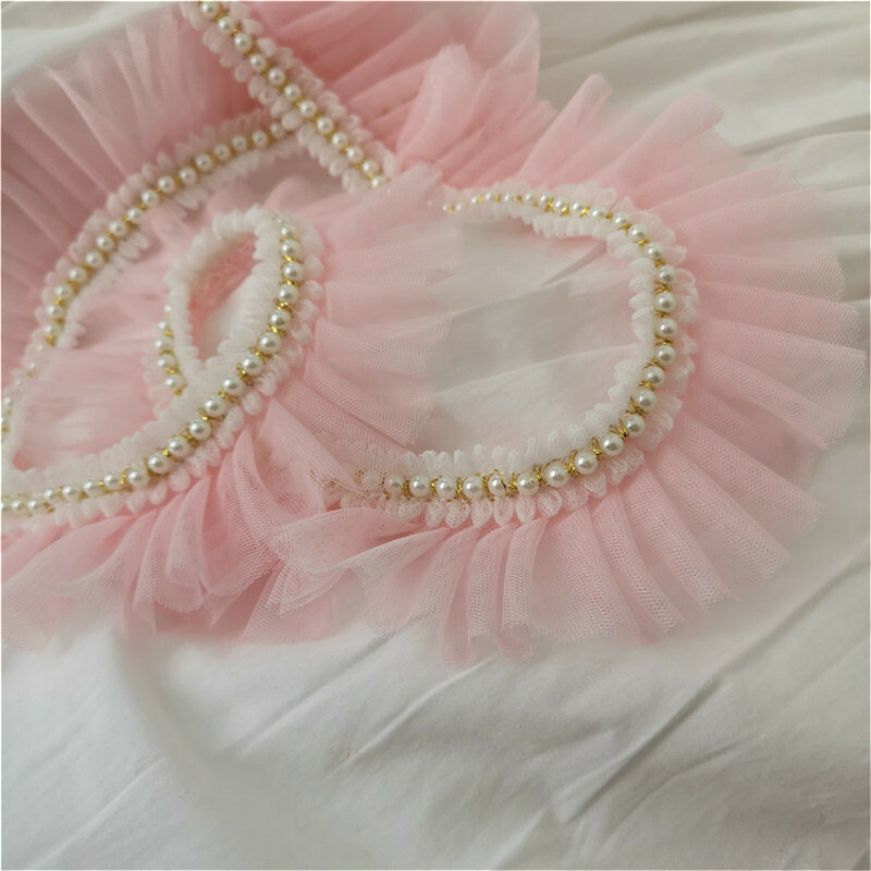 2M Pearl Beaded and Lace Net Ruffle Edge Frill Sewing Trim Dress Craft ...