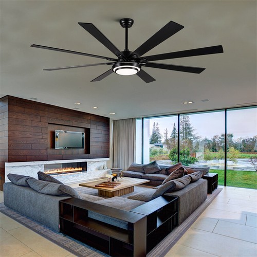 72In Modern Large Smart Ceiling Fan Matte Black w/LED Light & RC Indoor ...
