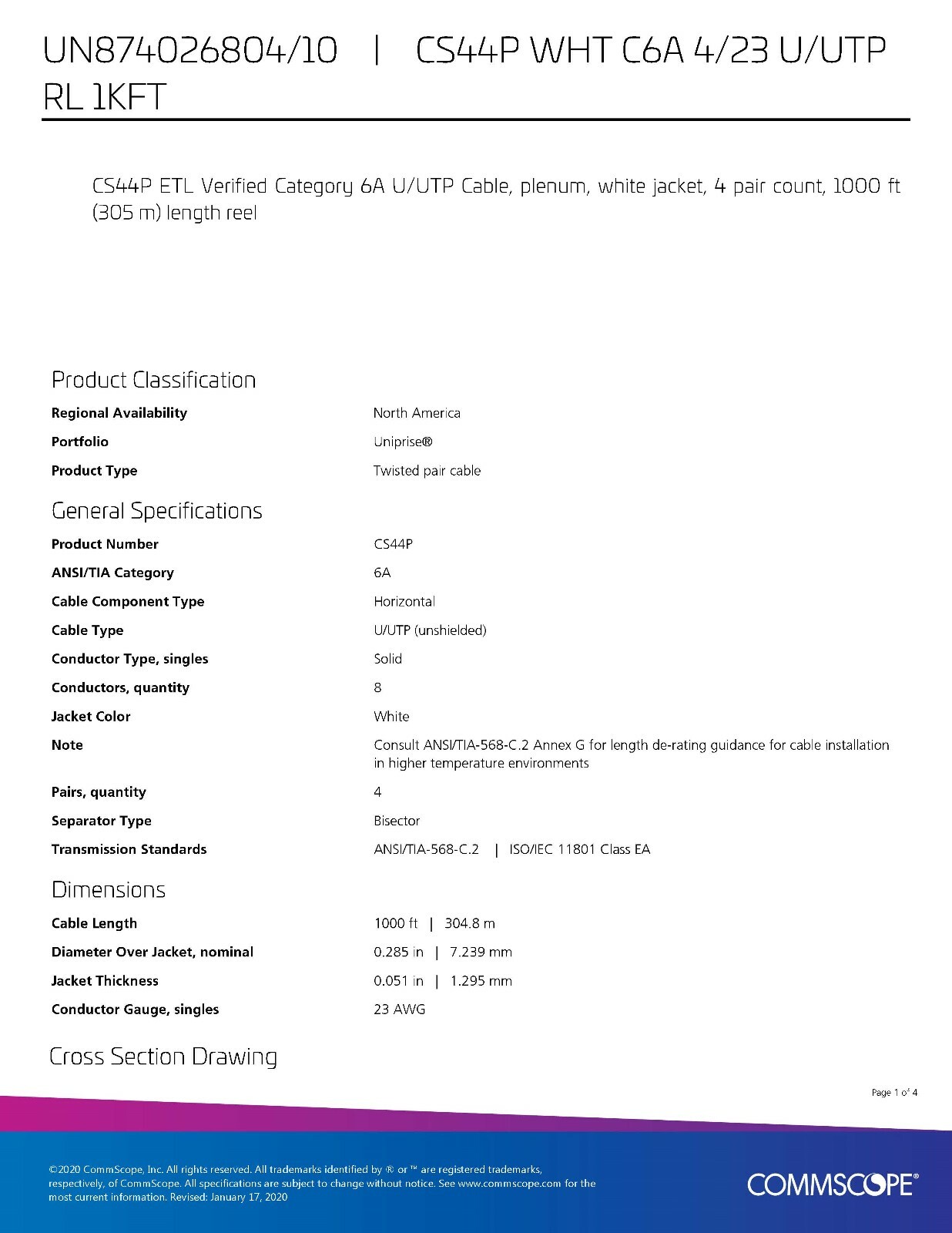 Commscope CS44P Cat6A U/UTP Network Ethernet 10G 10Gig Cable Plenum ...