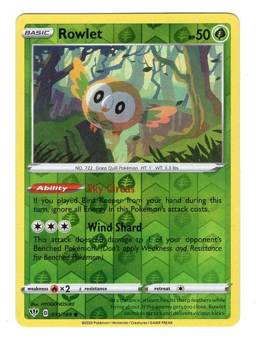 Pokemon TCG Rowlet SWSH Darkness Ablaze 011/189 Reverse Holo Common ...