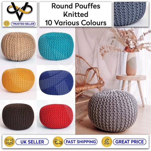 Knitted Round Pouffe Chunky Foot Stool Ottoman 100% Cotton Multicolor ...