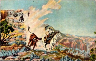 Artist Signed LH Dude Larsen Cowboy Trapping Wild Cattle Vintage ...