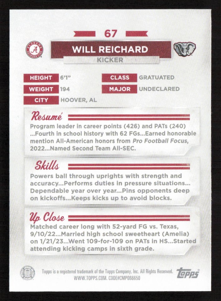 2023 Bowman University Alabama Crimson Tide Will Reichard Rainbow Foil ...
