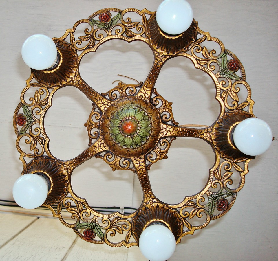 ORIGINAL 1930's VIRDEN Ceiling Light 5 Bulbs Art Nouveau Polychrome ...