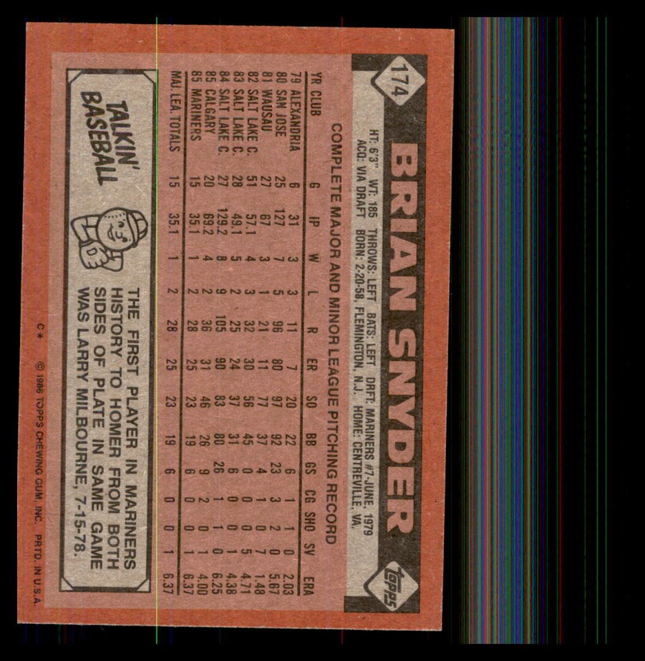 1986 Baseball 1986 Topps Brian Snyder Seattle Mariners #174 1 | eBay