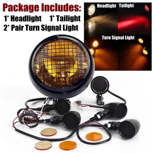 Cafe Racer Motorcycle Mesh Grill Style Headlight + Taillight + Turn ...