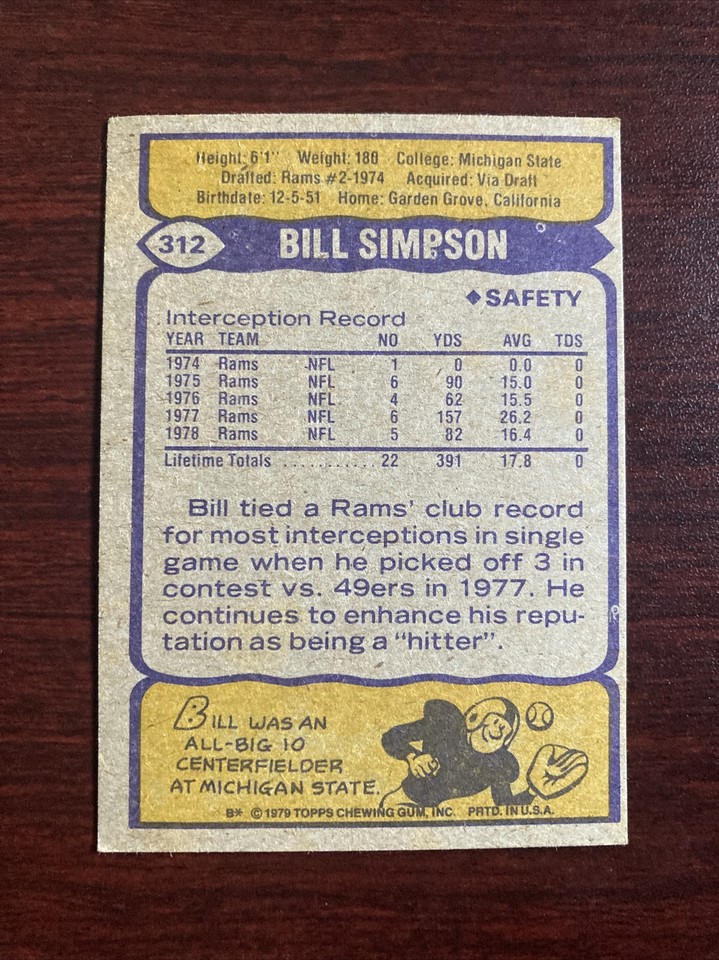 1979 Topps Football All Pro Safety Bill Simpson Rams | eBay