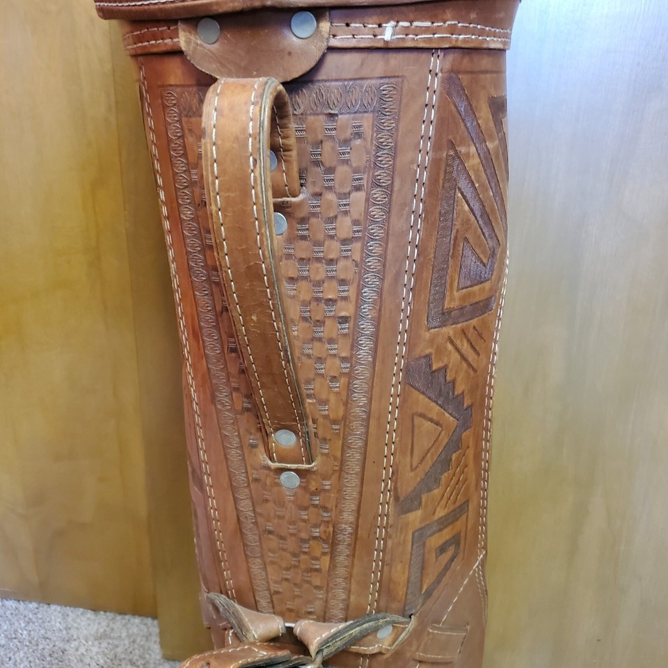 Vintage Mexican Leather Hand Tooled Mexico Golf Bag Aztec Zip Cover ...
