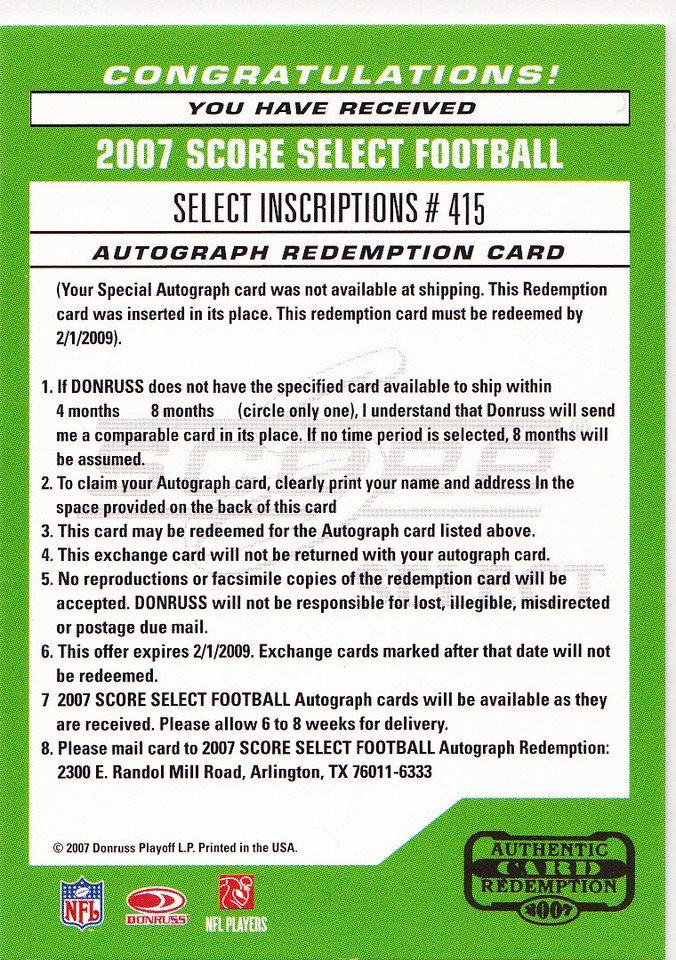 2007 Score Select Inscriptions Autograph VOID Redeption Card 415 ...