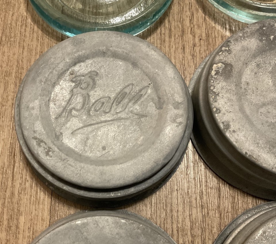 12 Zinc Fruit Jar Lids & 9 Glass Tops Blue Green Bale ~ Lightning CFJ ...