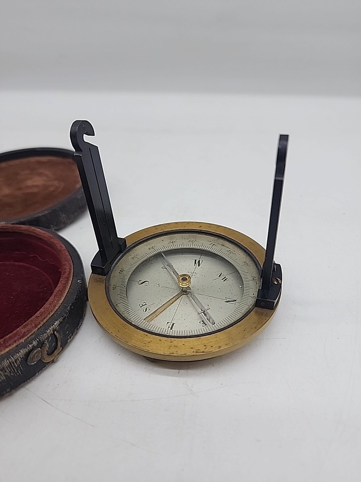 Late 1800's French Brass Surveyors Navigation Compass W/ Case (Made In ...