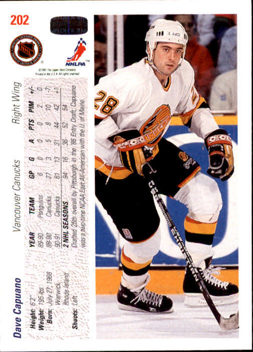 1991-92 Upper Deck Canucks Hockey Card #202 Dave Capuano | eBay