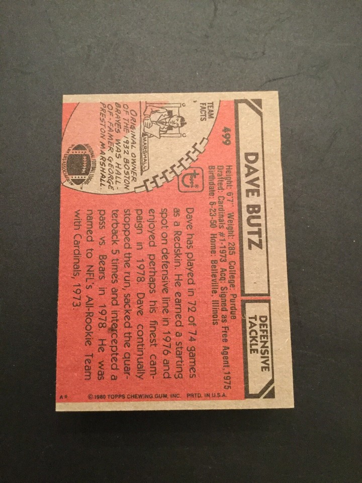 1980 TOPPS DAVE BUTZ #499 WASHINGTON REDSKINS ROOKIE FOOTBALL CARD (OC ...