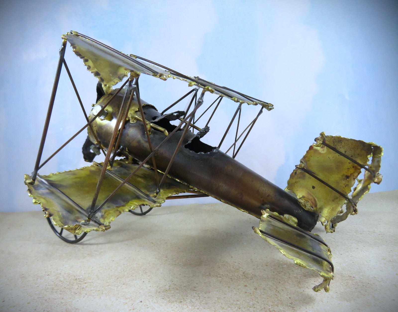 Handcrafted Brass Metal Biplane Sculpture Brutalist Art Soldered Burnt ...