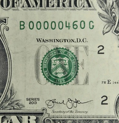 LOW (3 Digit) Fancy Serial Number 6 Of A Kind 0s B00000460G 2013 One ...