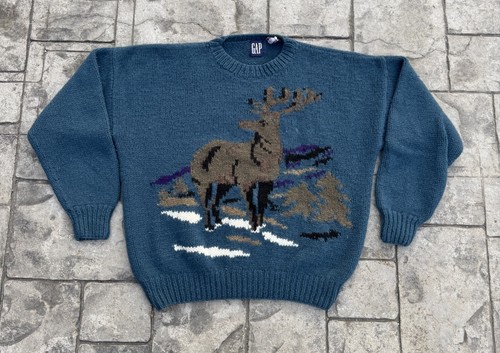 Vintage 90s Gap Hand Knit Wool Pullover Sweater Size Large Outdoor Moose Nature | eBay
