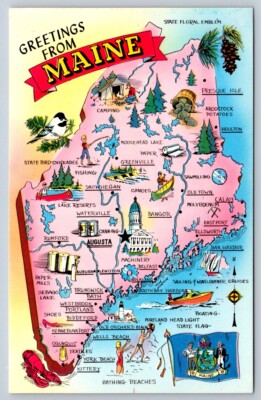 Maine State Map Showing Major Points Of Interest, Vintage Chrome ...