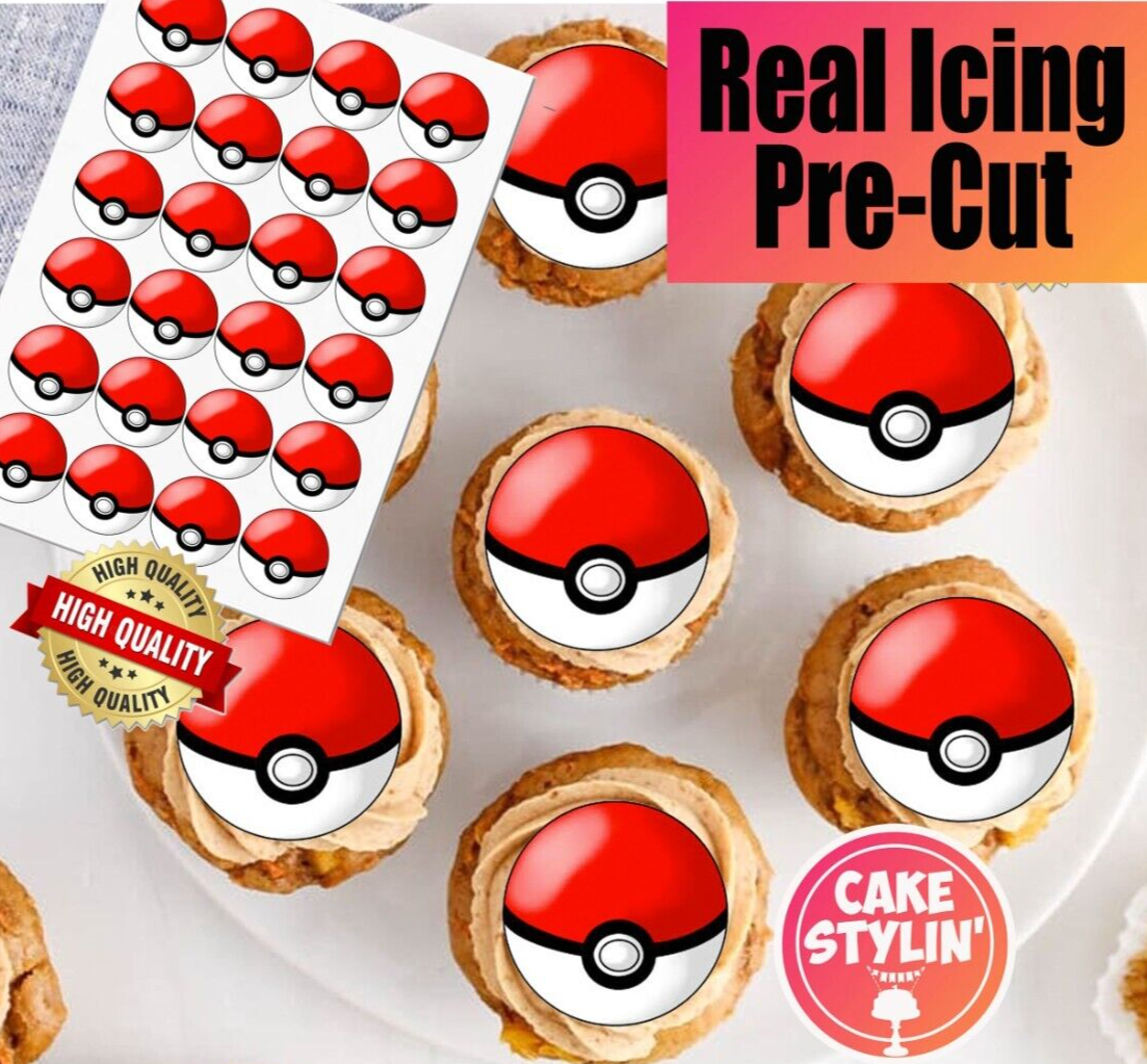 24x POKEMON POKEBALLS Edible Cupcake Toppers ICING SHEET Birthday Cake ...