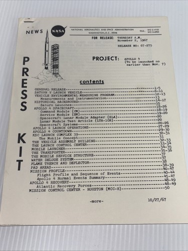 NASA PRESS KIT 1967 Project Apollo 4 Release NO: 67-275 VINTAGE | eBay