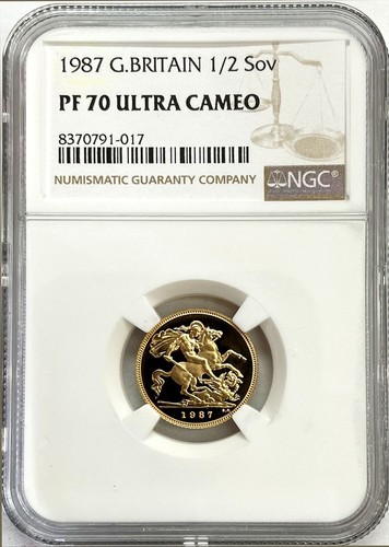 1987 GOLD GREAT BRITAIN 3.99 GRAMS PROOF 1/2 SOVEREIGN NGC PROOF 70 ...