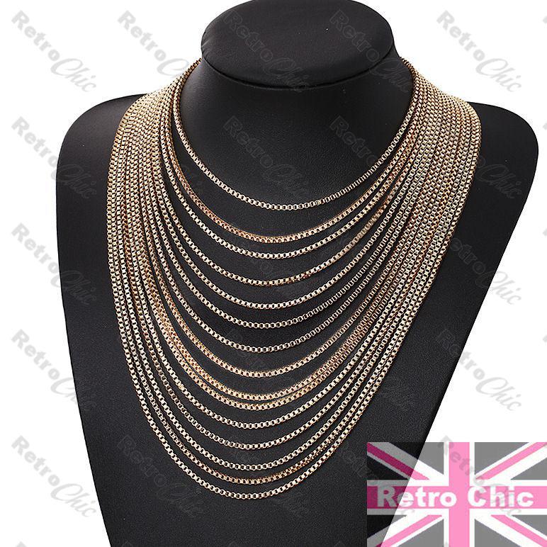 SLINKY DRAPE BIG NECKLACE statement LAYERED LIQUID CHAINS gold/silver ...