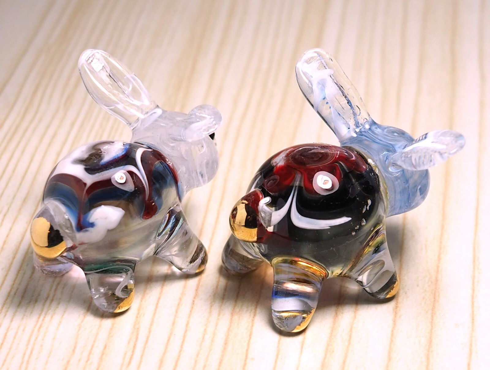 2pcs. maroon rabbit bunny figurine hand blown Glass art gild GIFT decor ...