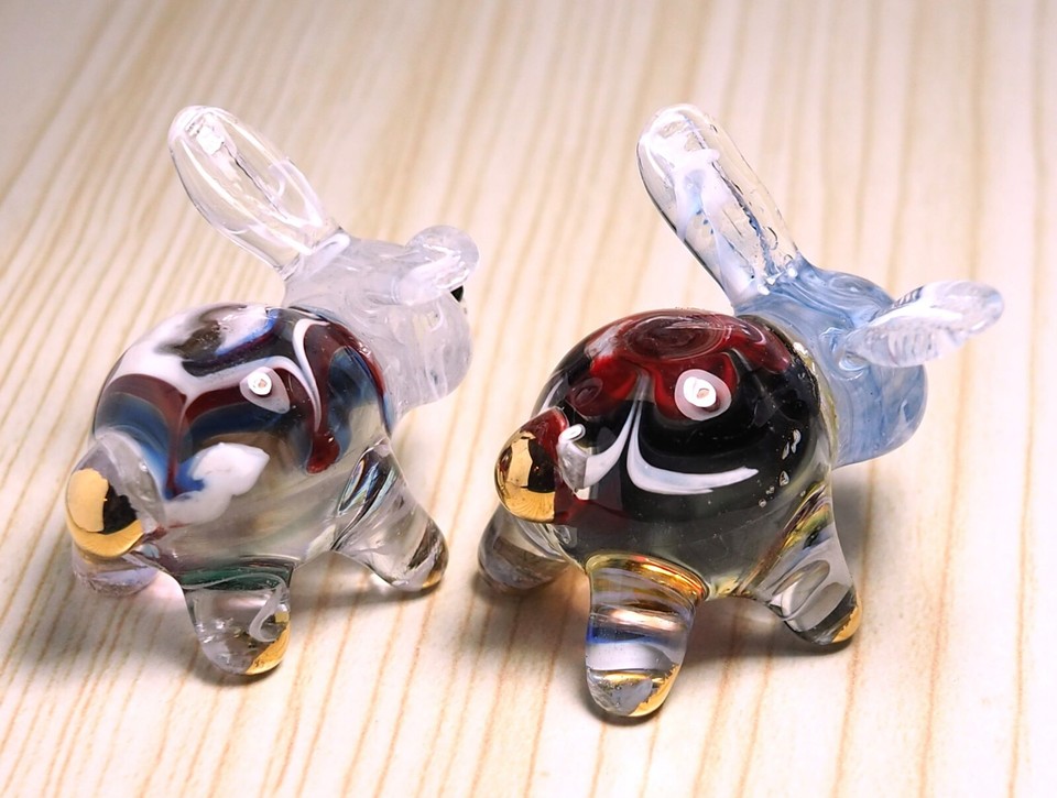 2pcs. maroon rabbit bunny figurine hand blown Glass art gild GIFT decor ...