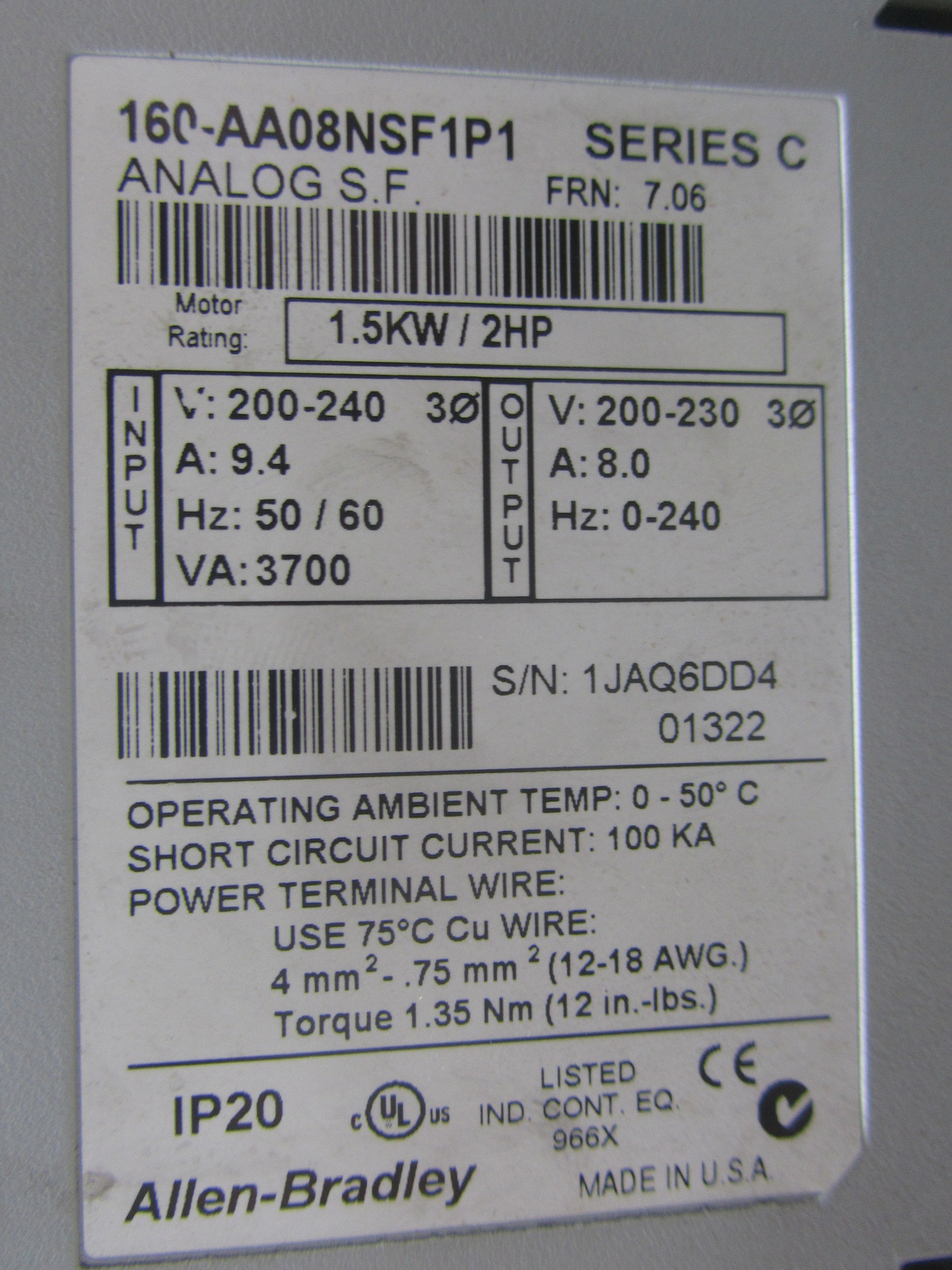 ALLEN BRADLEY 160-AA08NSF1P1 AC DRIVE SERIES C WITH 160-DN2 SERIES A ...
