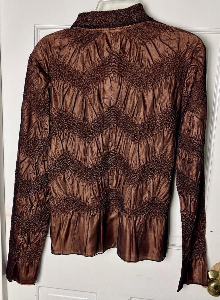 Coldwater Creek Bronze Mesh Overlay Metallic Crinkle Blouse Button Down ...
