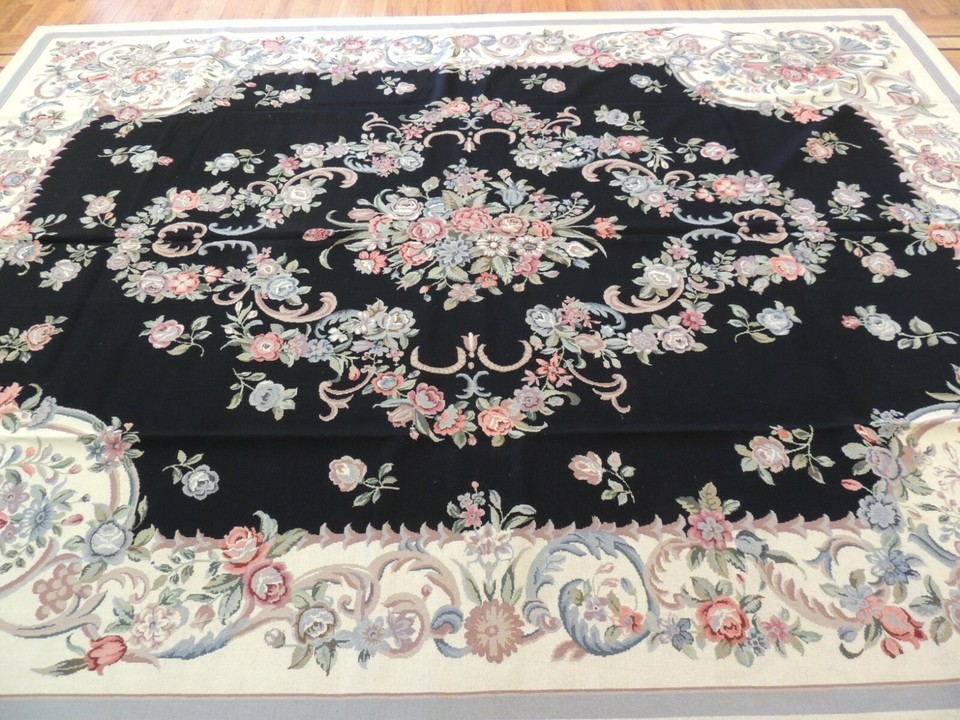 9x12 French Aubusson Needlepoint Oriental Area Rug Ivory Black Blue ...