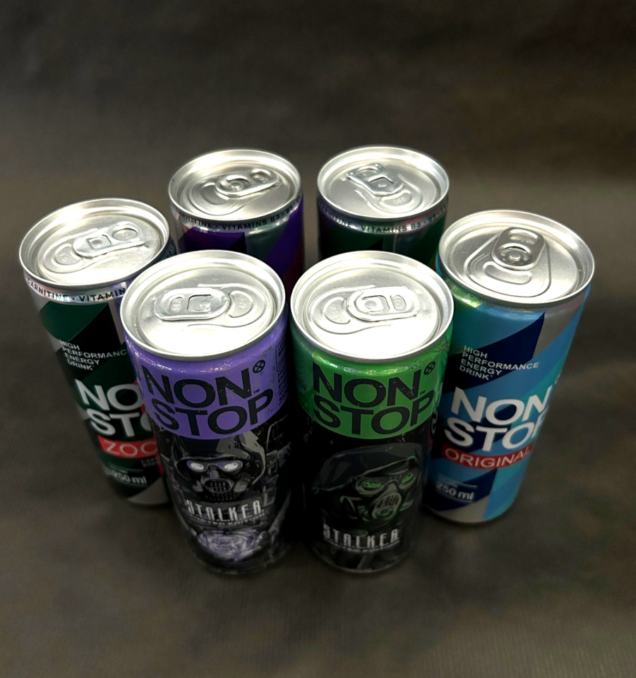 Stalker NON STOP ☢SET 6 Full Cans Energy Drinks Limited Edition S.T.A.L ...
