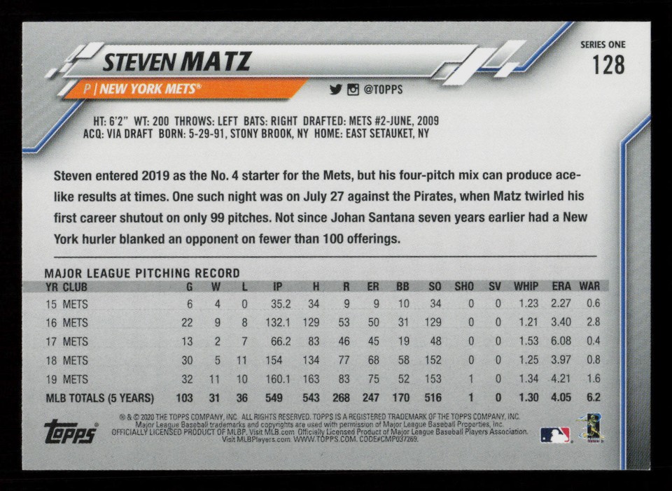 2020 Topps Steven Matz #128 New York Mets Baseball Card | eBay