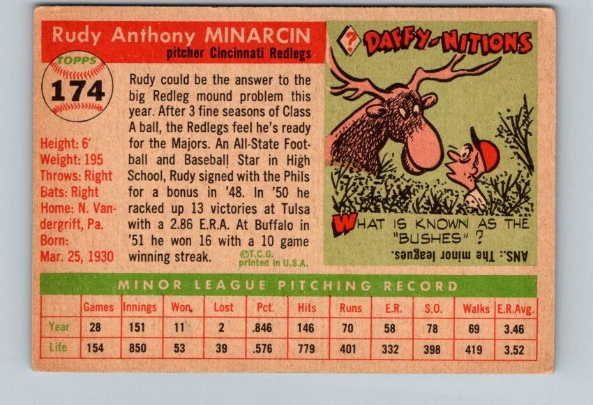 1955 TOPPS BASEBALL #174 RUDY MINARCIN VGEX SET BREAK! | eBay