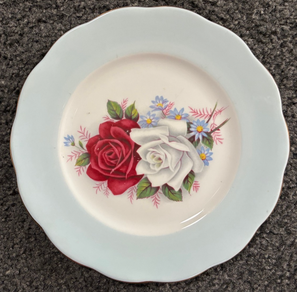 Vintage Queen Anne Blue Harlequin Duet Roses Teacup, Saucer, Side Plate ...