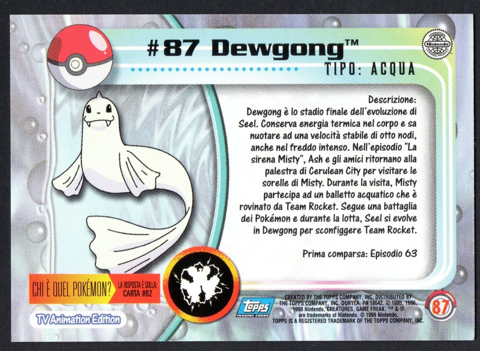 DEWGONG CARD #87 POKEMON TRADING CARD COLLECTION TOPPS 1999-2000 | eBay