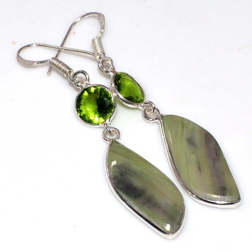925 Silver Plated Long Larsonite Peridot Earrings Jewelry Size 2.2" GW ...