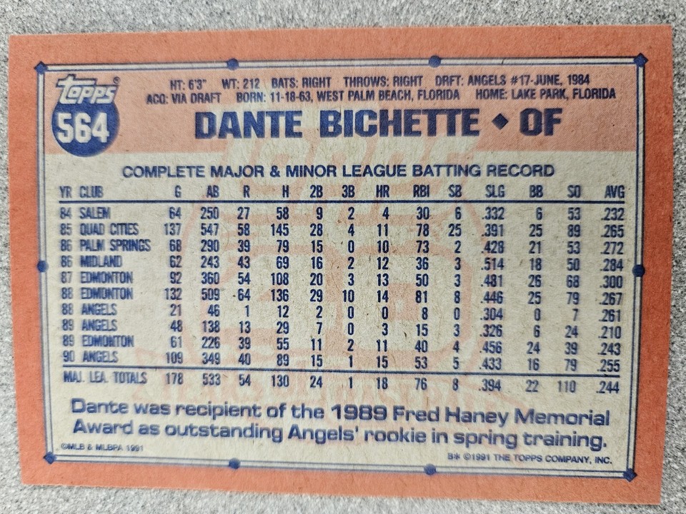 1991 Topps # 564 Dante Bichette California Angels | eBay
