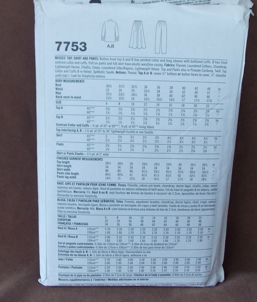 Simplicity Misses Top, Skirt & Pants Sizes 12-16 Uncut Pattern 7753 | eBay