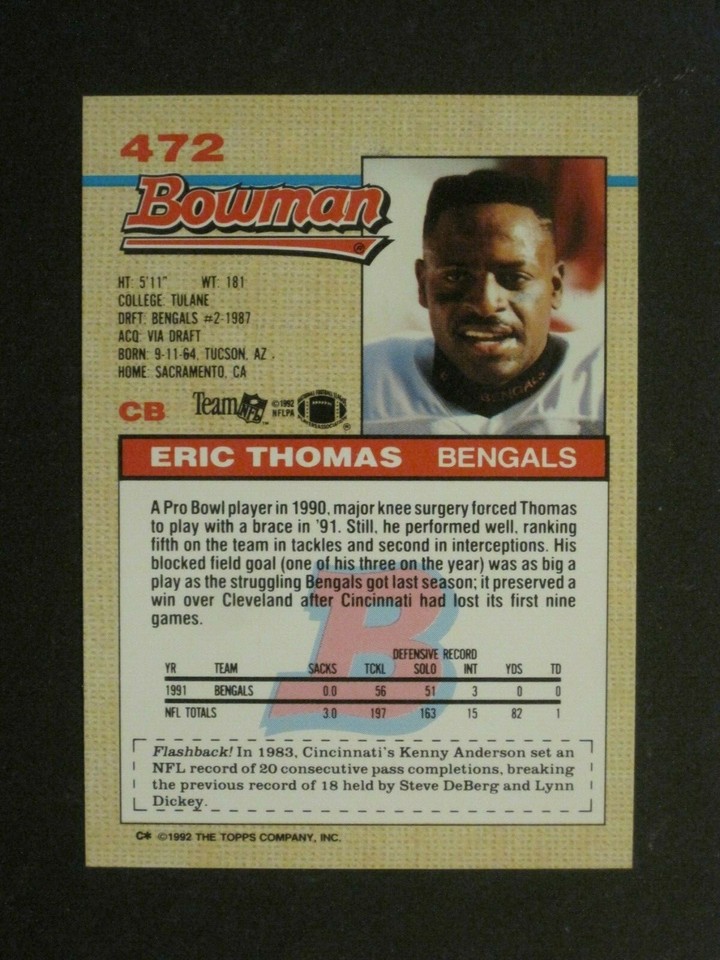 1992 BOWMAN ERIC THOMAS CINCINNATI BENGALS CARD #472!!!! COMBINED ...