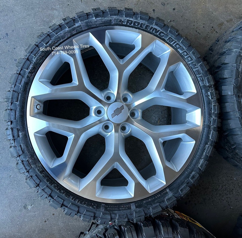 24” SNOWFLAKE SILVER MACHINE WHEELS 33” Mud MT Tires Silverado Tahoe ...