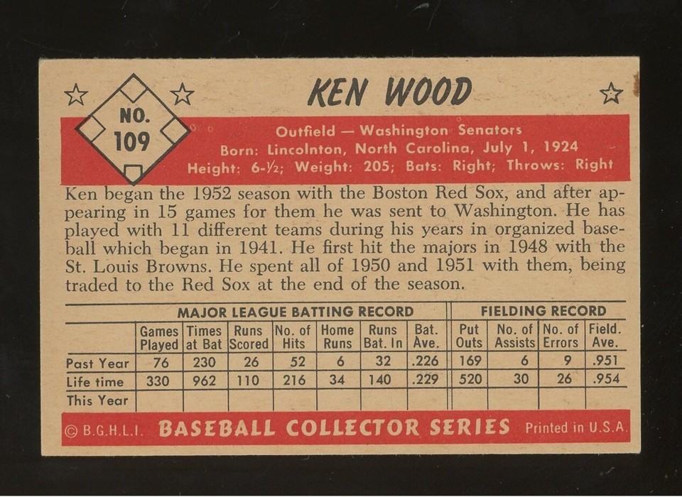 1953 Bowman Color #109 Ken Wood Washington Senators | eBay