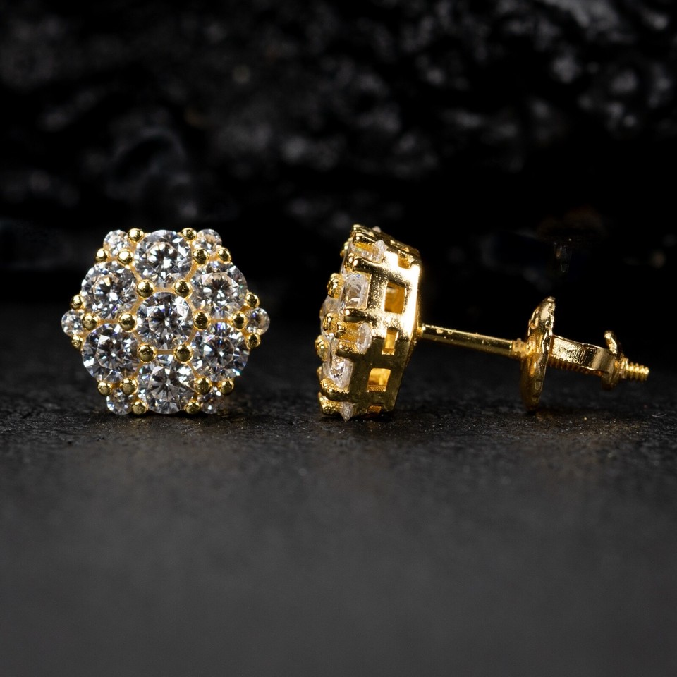 Men's Iced Cz Octagon Flower Cluster Yellow Gold Sterling Silver Stud ...