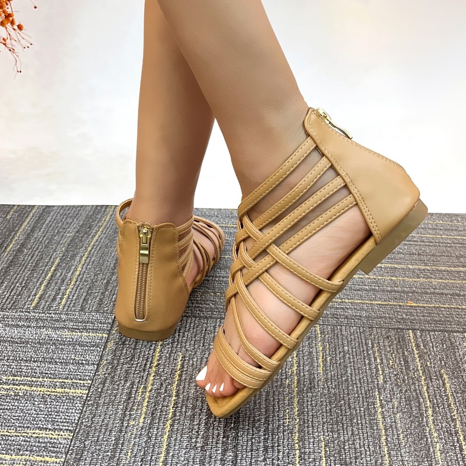Glaze Women's Roman Gladiator Muliti Straped Back Zip Design Flat Heel ...